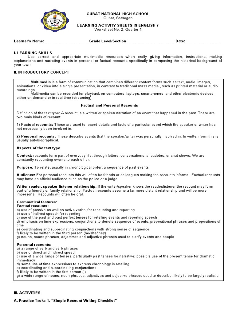 Grade 7 Recount Writing Activities | PDF | Verb | Phrase
