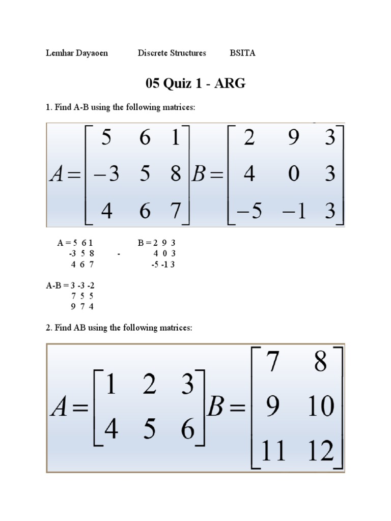 05 Quiz 1 - ARG: Lemhar Dayaoen Discrete Structures Bsita | PDF