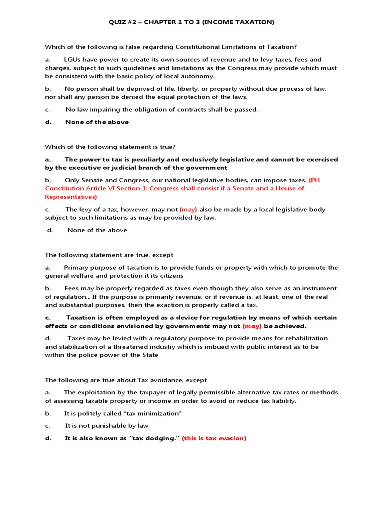 QUIZ 2 Chapter 1 3 Income Taxation | PDF | Taxes | Taxpayer
