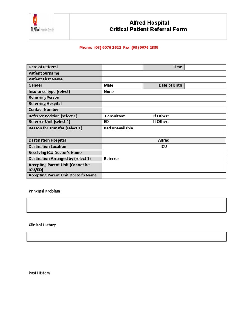 Alfred Hospital Critical Patient Referral Form: Phone: (03) 9076 2622 ...