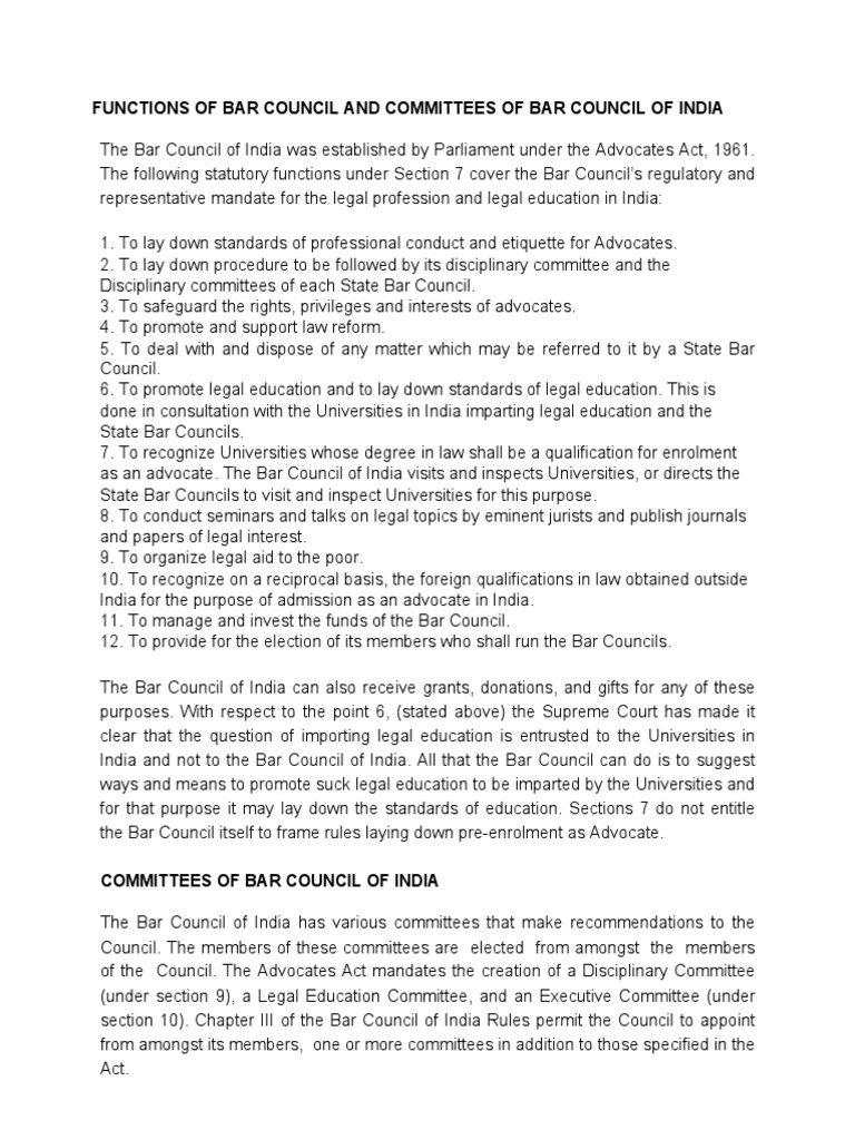 Functions of Bar Council & Committees | PDF | Advocate | Committee
