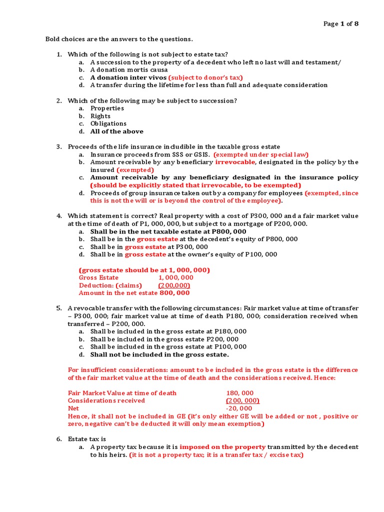 Estate Tax Post Quiz Answer Key | Download Free PDF | Taxes | Estate ...