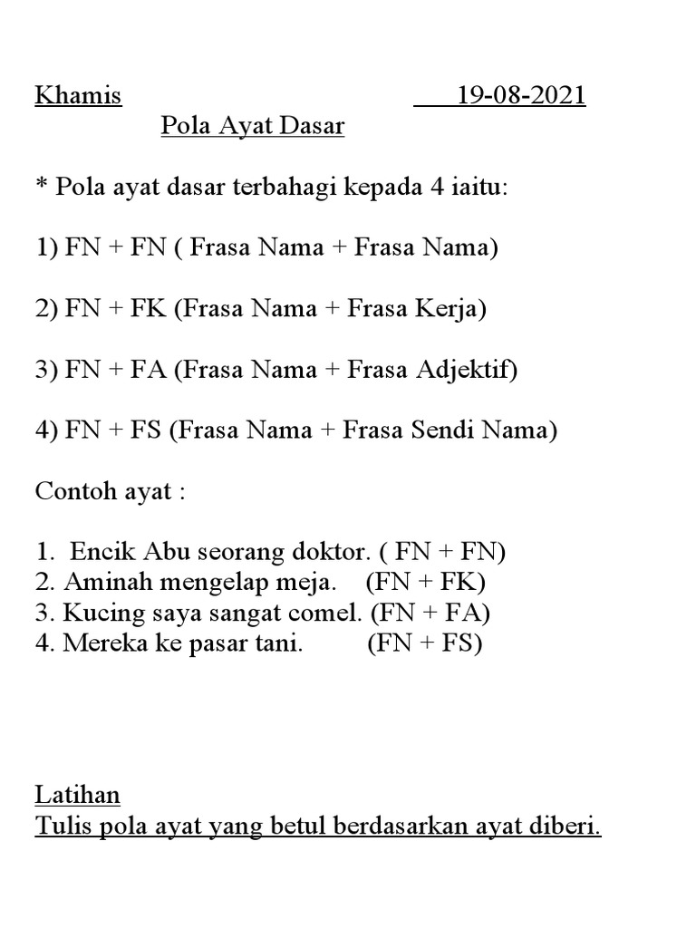 Nota Dan Latihan Pola Ayat | PDF | Perjalanan | Seni & Disiplin Bahasa