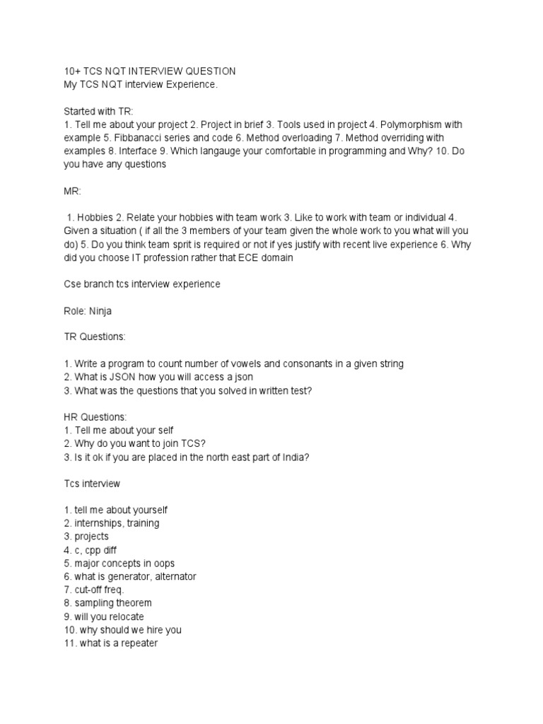 Tcs NQT Interview Experience | PDF | Sql | Pointer (Computer Programming)
