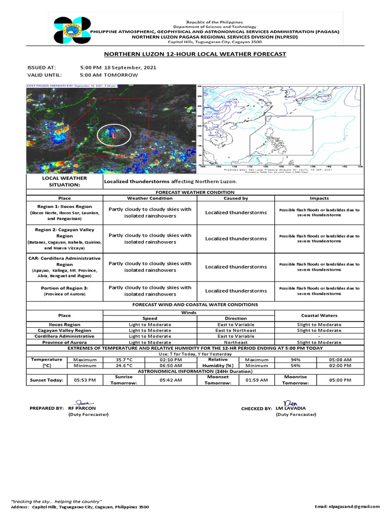 Local Weather Forecast (PM) - Northern Luzon PAGASA Regional Services Division (18 September 21 ...