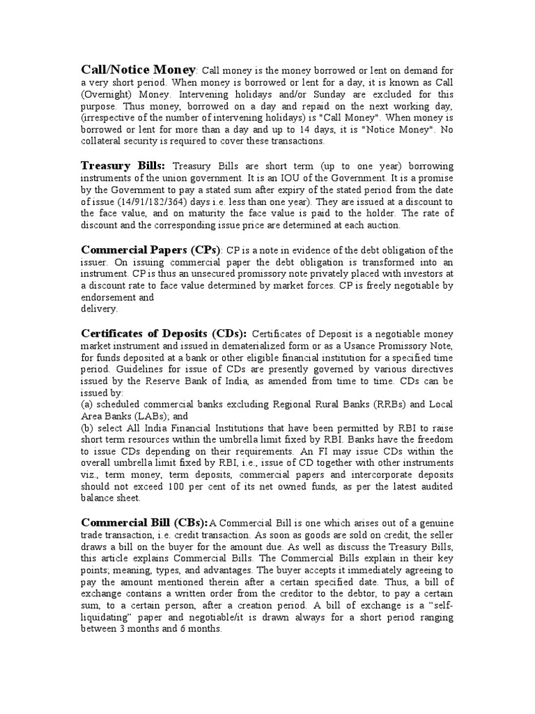 Call/Notice Money: Treasury Bills | PDF | Certificate Of Deposit ...