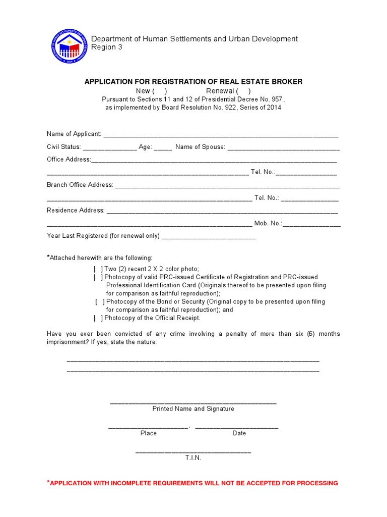 DHSUD Broker Registration Application Form | PDF