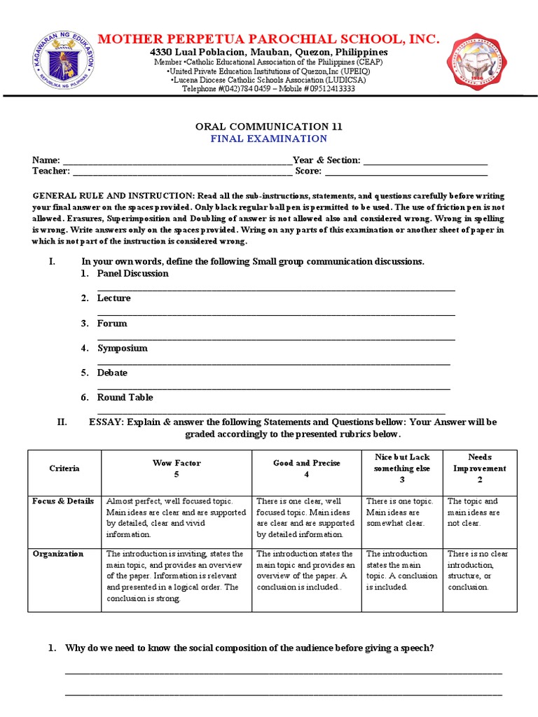 Oral Communication 11 Final Exam Guide | PDF | Communication | Cognition