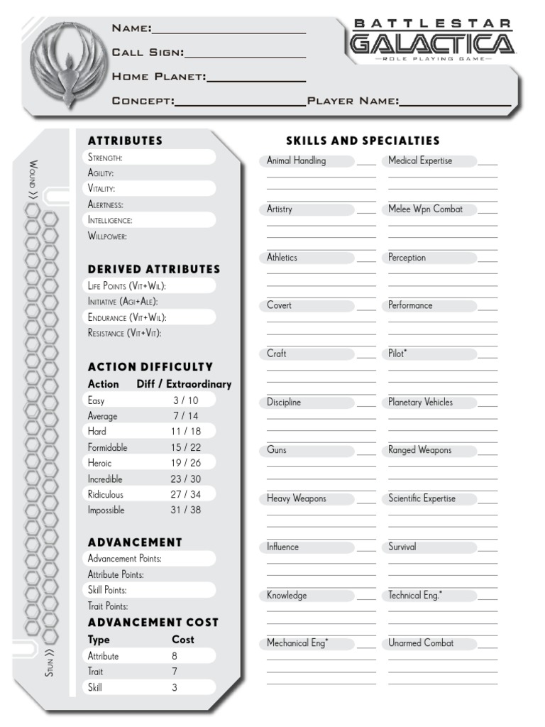 Battlestar Galactica Character Sheet | PDF
