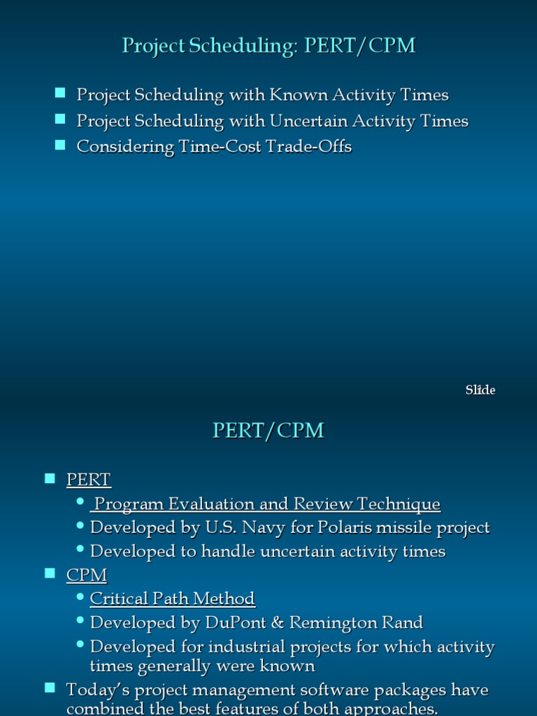 Project Scheduling: PERT/CPM | PDF | Analysis | Project Management