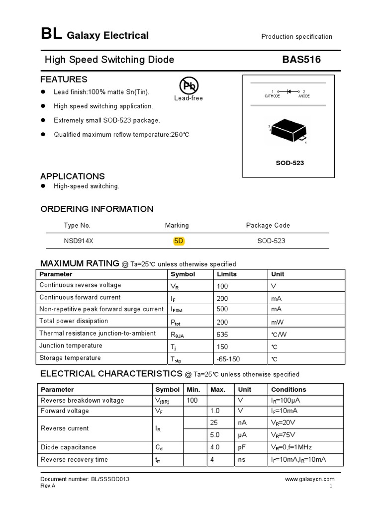 High Speed Switching Diode: Galaxy Electrical BAS516 | PDF | Diode ...