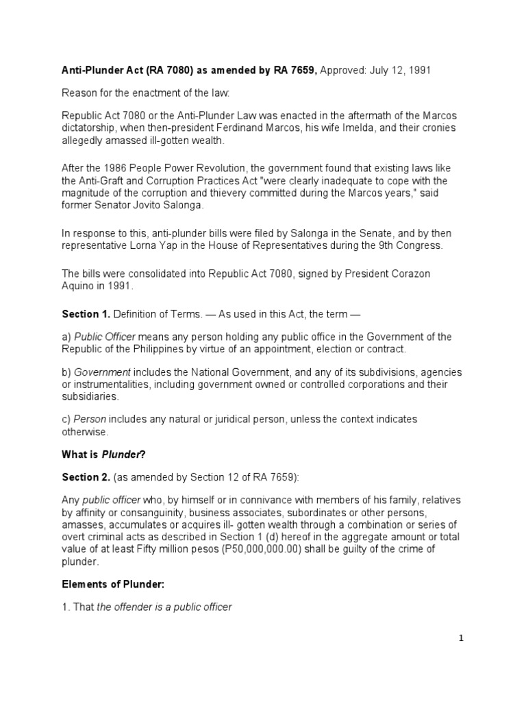 Anti-Plunder Act (RA 7080) As Amended by RA 7659, Approved: July 12 ...