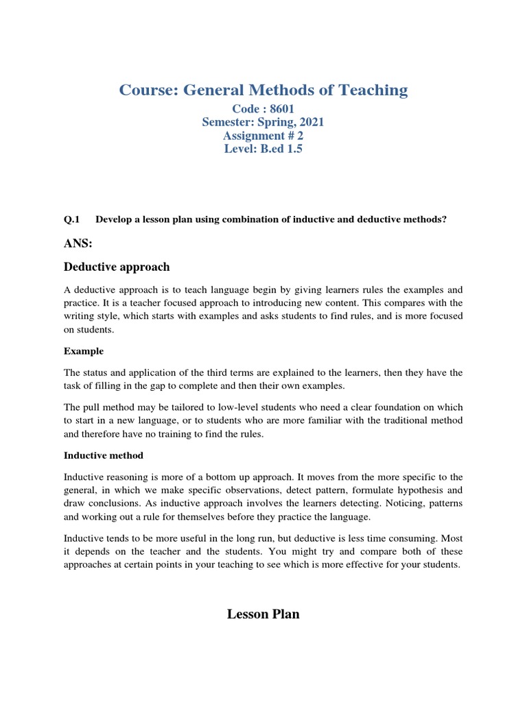 Course: General Methods of Teaching: Code: 8601 Semester: Spring, 2021 Assignment # 2 Level: B ...
