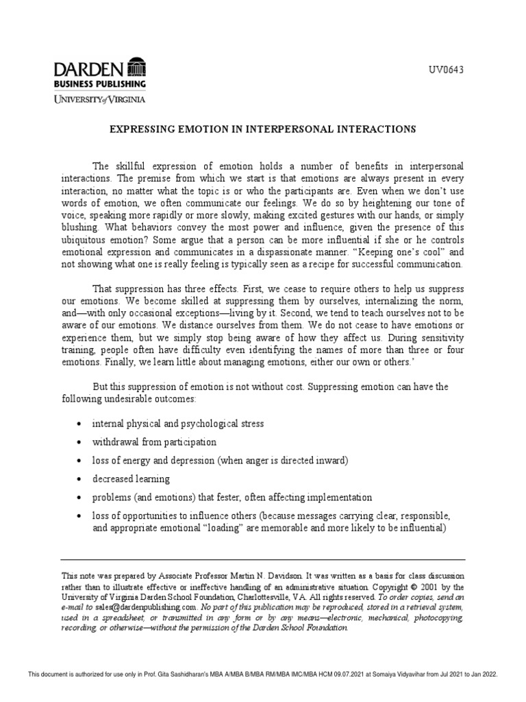 Expressing Emotion in Interpersonal Interactions | PDF | Emotions ...