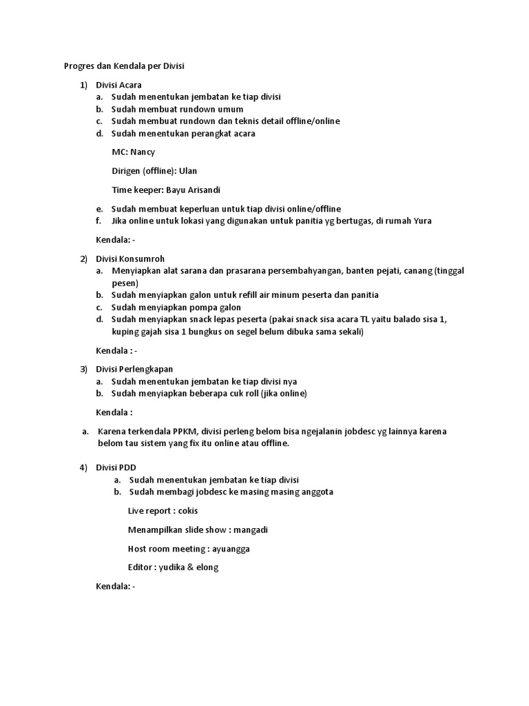 Progres Dan Kendala Per Divisi MUSMA 2021 | PDF | Komputer | Teknologi & Rekayasa