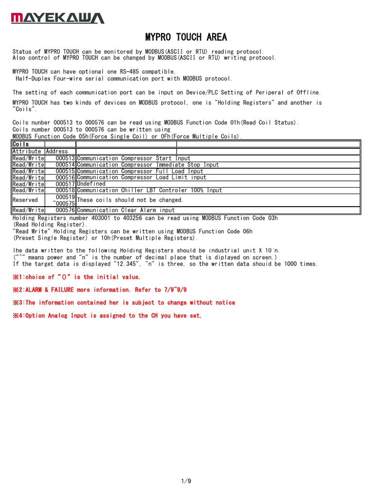 Monitoring and Controlling the MYPRO TOUCH via MODBUS Protocol | PDF ...