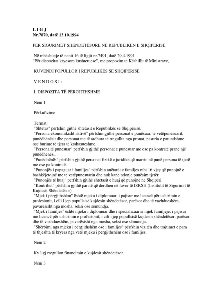 Per Sigurimet Shendetesore Ne Republiken e Shqiperise | PDF