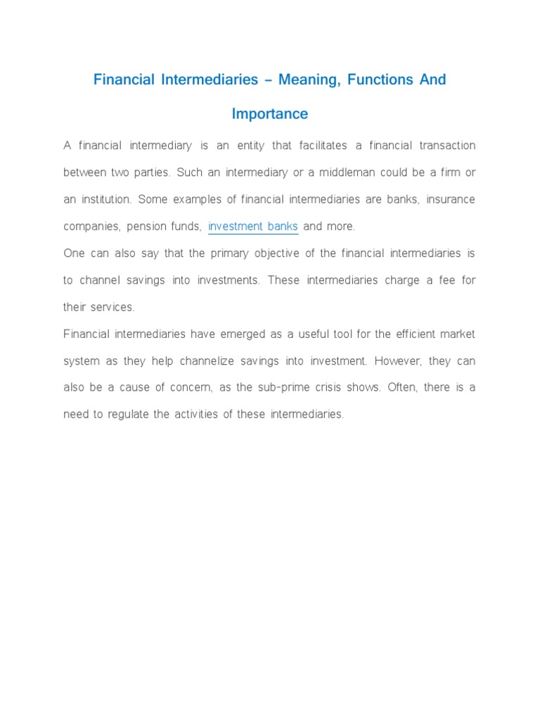 Financial Intermediaries - Meaning, Functions and Importance | PDF | Banks | Loans