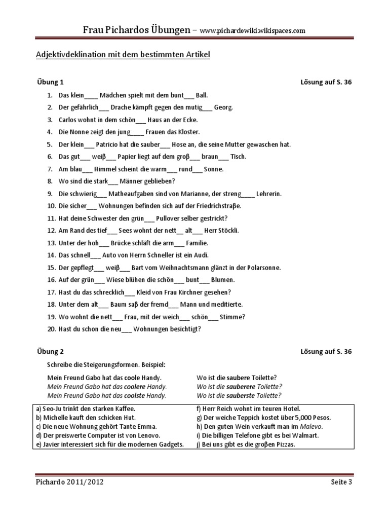 Adjektivdeklination Übungen | PDF