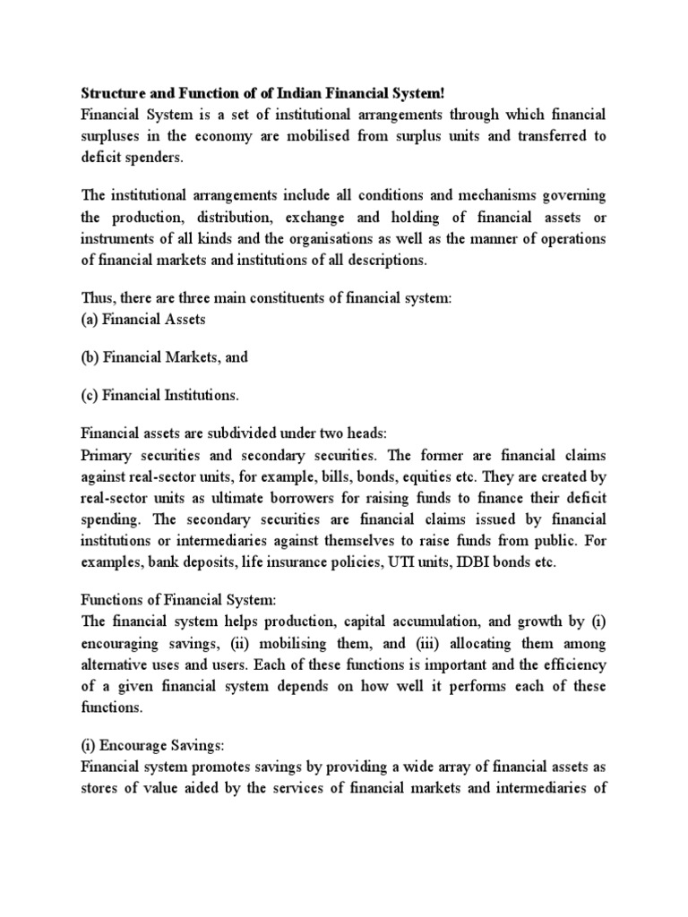 Structure and Function of of Indian Financial System | PDF | Financial ...