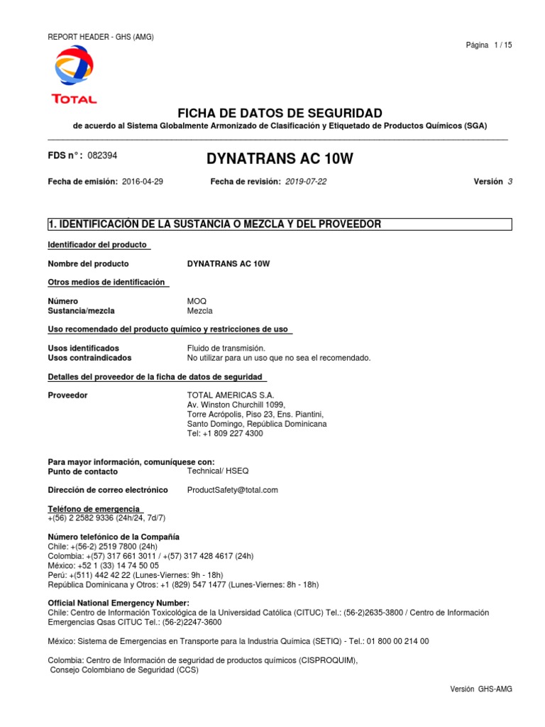Msds - Dynatrans Ac 10w | PDF | Combustión | Residuos