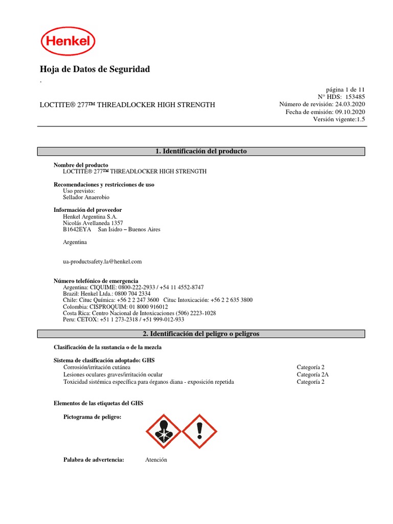 MSDS - Loctite 277 | PDF | Agua | Quemar