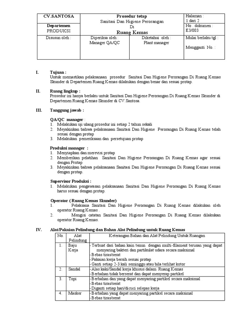 Protap Sanitasi Dan Higiene Perorangan Di Ruang Kemas Skunder | PDF