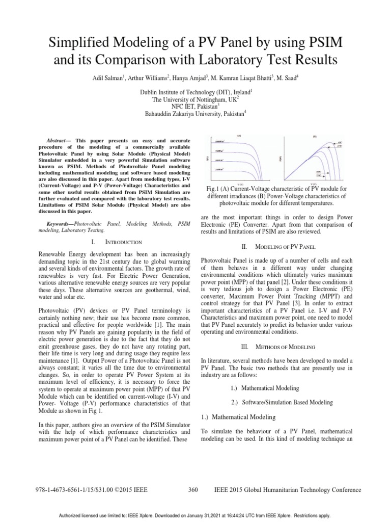 Simplified Modeling of A PV Panel by Using PSIM and Its Comparison With ...