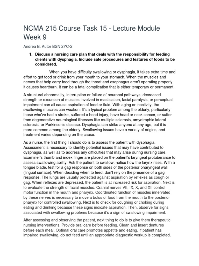 NCMA 215 Course Task 15 - Lecture Module Week 9: Andrea B. Autor BSN 2YC-2 | PDF | Clinical ...