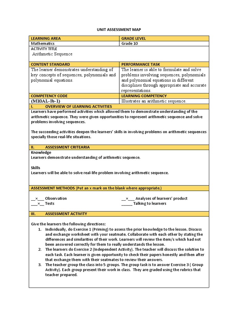 Unit Assessment Map Arithmetic Sequence | PDF | Learning | Educational Assessment