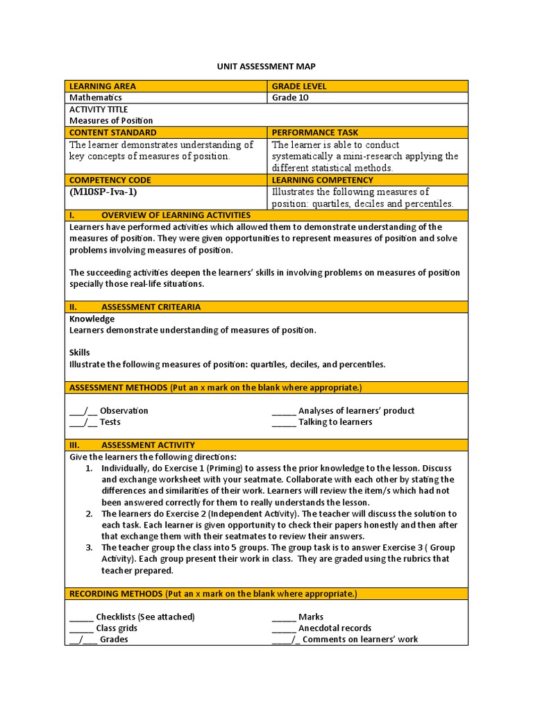 Unit Assessment Map Measures of Position | PDF | Learning | Educational ...