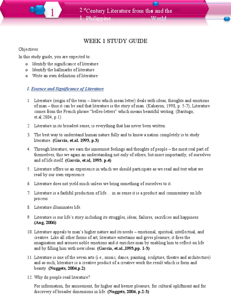 Week 1 Study Guide: I. Essence and Significance of Literature | PDF | Beauty | Pleasure
