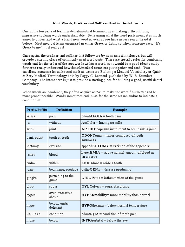 Root Words, Prefixes and Suffixes Used in Dental Terms | PDF | Medical ...