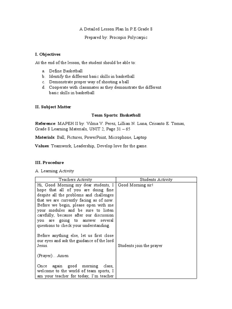 Basketball Lesson Plan for Grade 8 | PDF | Ball Games | Team Sports