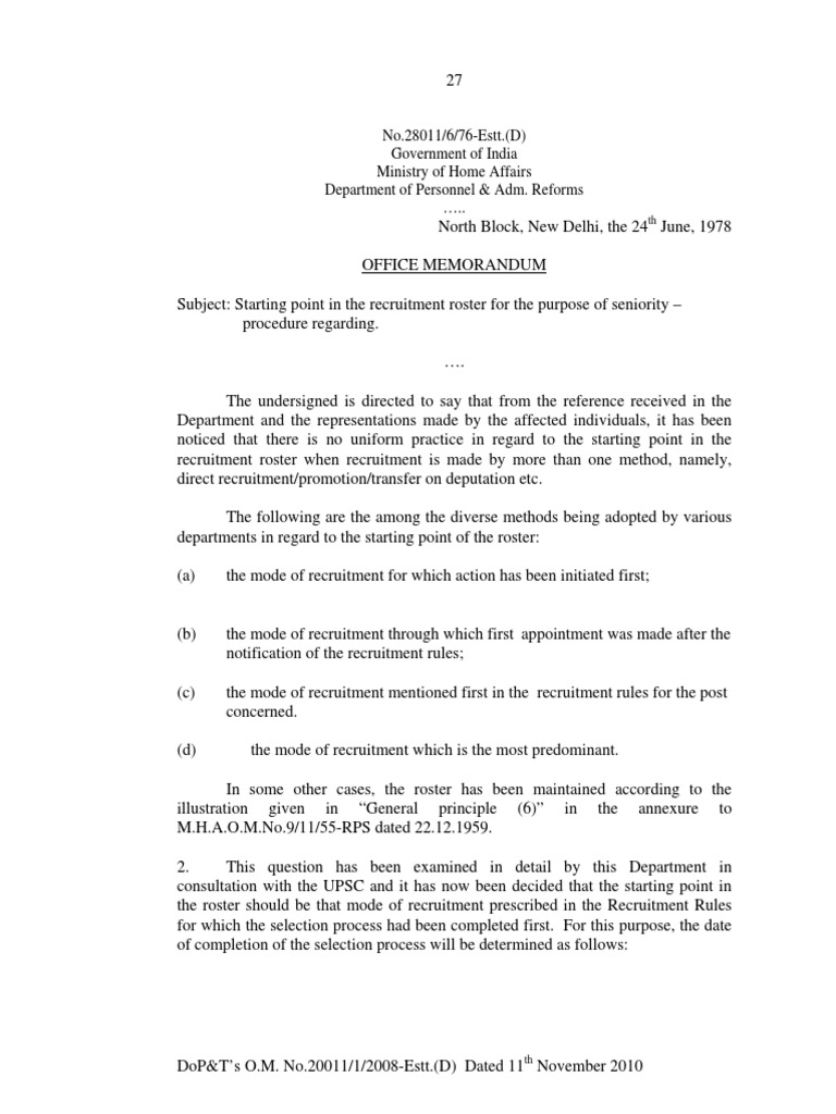 DoPT OM No.28011 - 6 - 76-Estt. (D) 1978 Starting Point of Recruitment ...