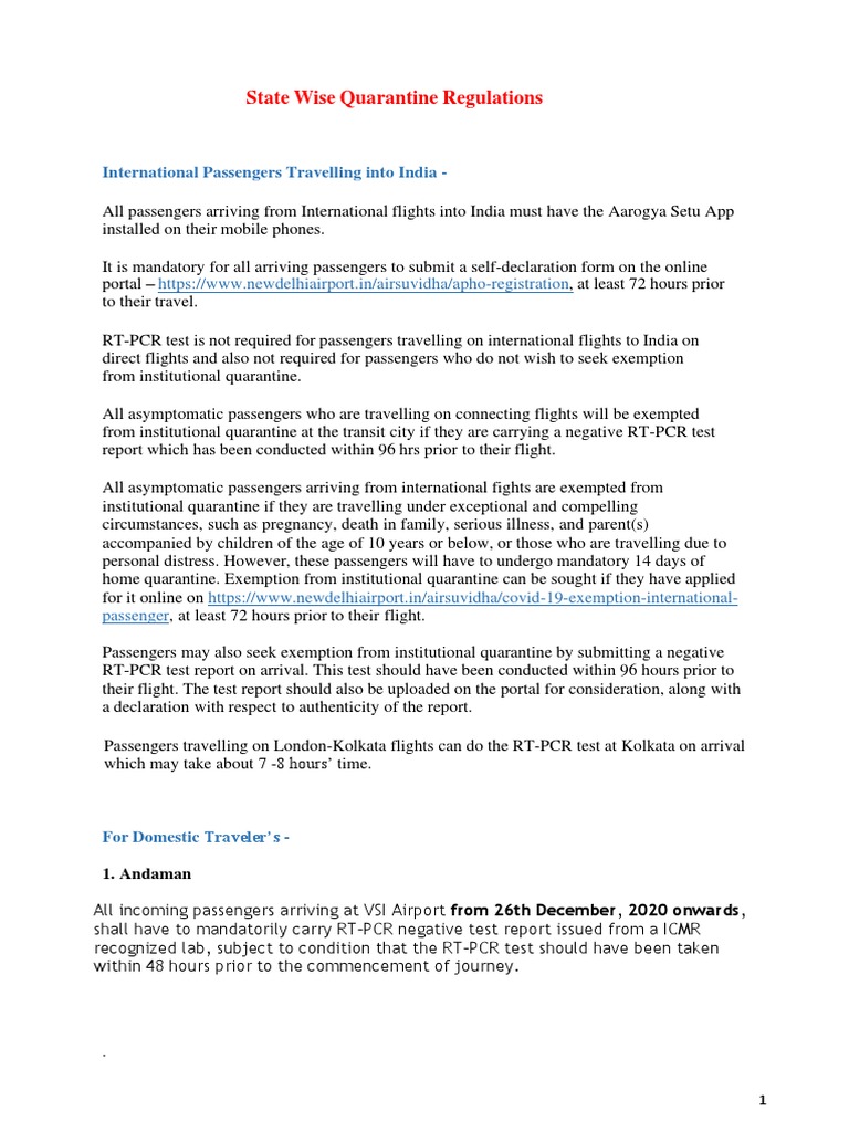 Revised State Wise Quarantine Regulations DT 03rd March21 | PDF ...