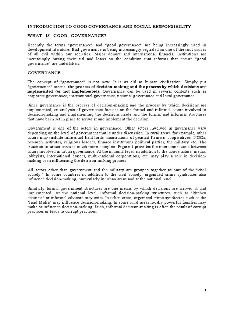 Introduction To Good Governance and Social Responsibility What Is Good ...