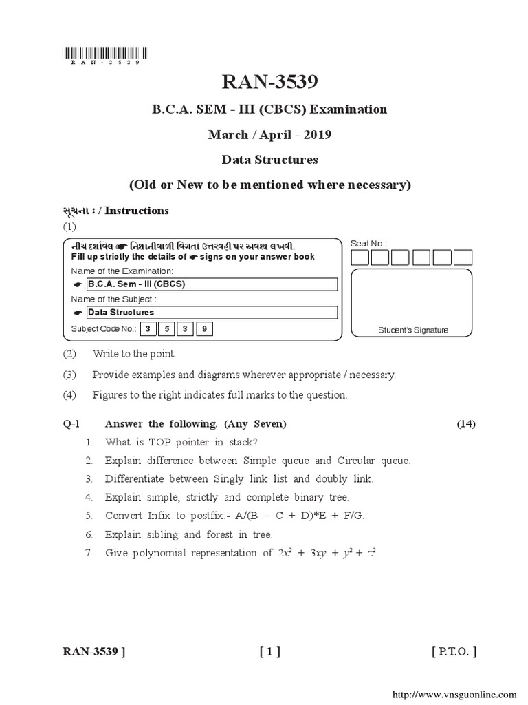 Bca Sem Iii Cbcs Examination March April 2019 Data Structures Old Or New To Be 