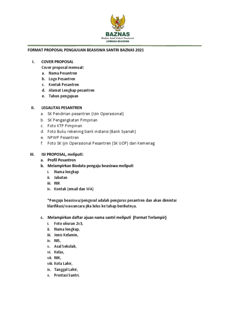 Format Proposal Beasiswa Santri BAZNAS 2021 | PDF