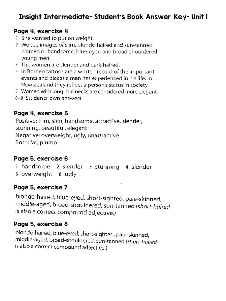 Insight Intermediate Students Book Answer Key Unit 1 | PDF