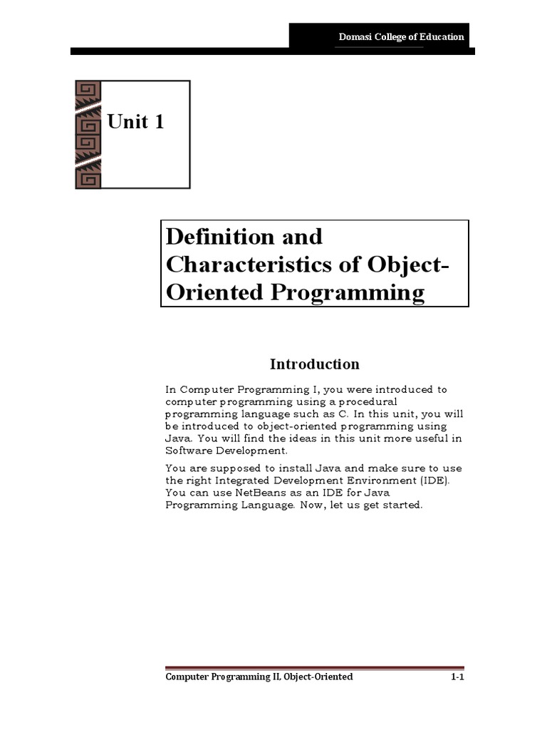 Unit 1: Definition and Characteristics of Object-Oriented Programming | PDF | Object Oriented ...