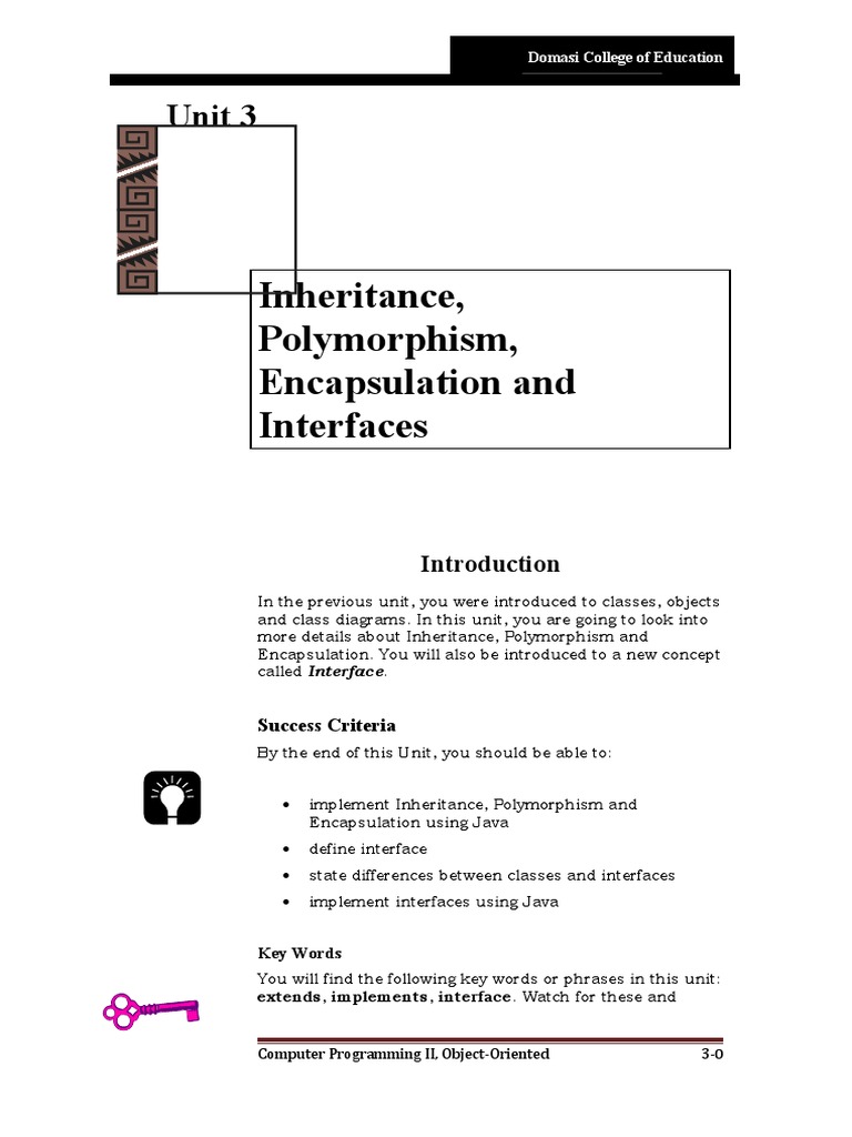 Unit 3: Inheritance, Polymorphism, Encapsulation and Interfaces | PDF | Inheritance (Object ...