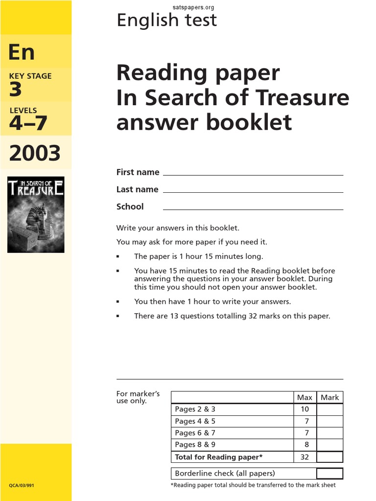 En Reading Paper in Search of Treasure Answer Booklet: English Test ...