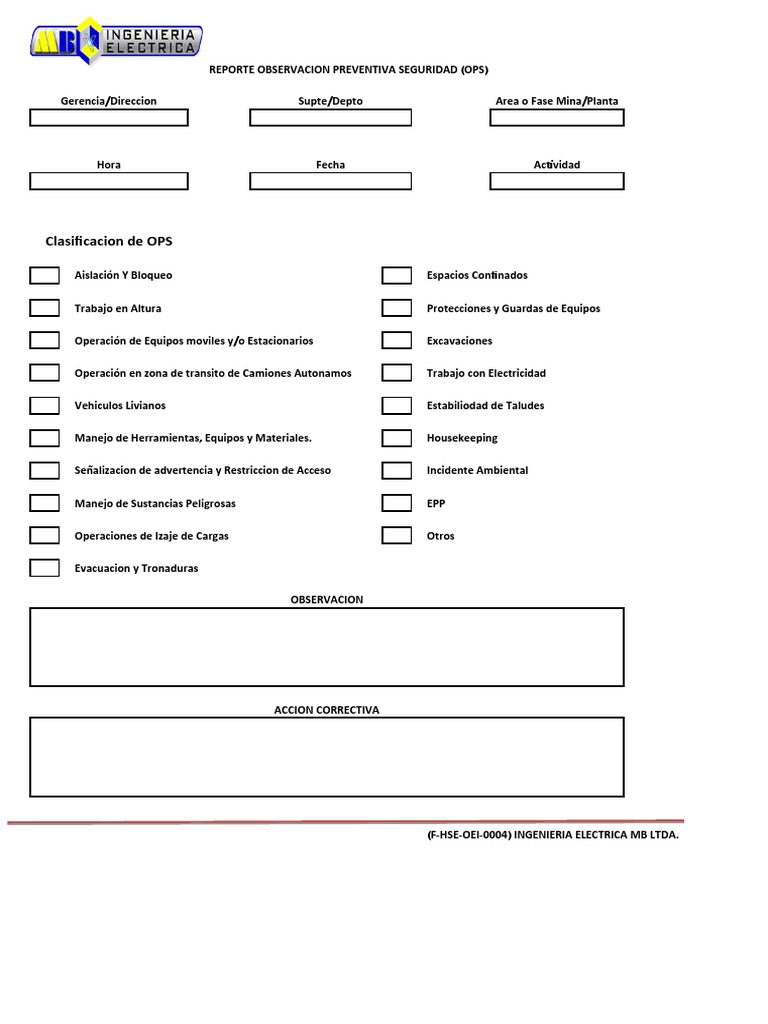 (F-HSE-OEI-0004) Formato OPS Observacion Preventiva de Seguridad | PDF
