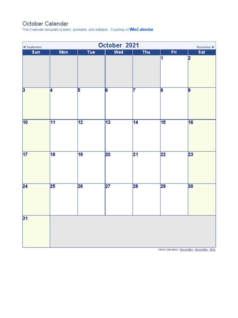 October 2021 Calendar | PDF