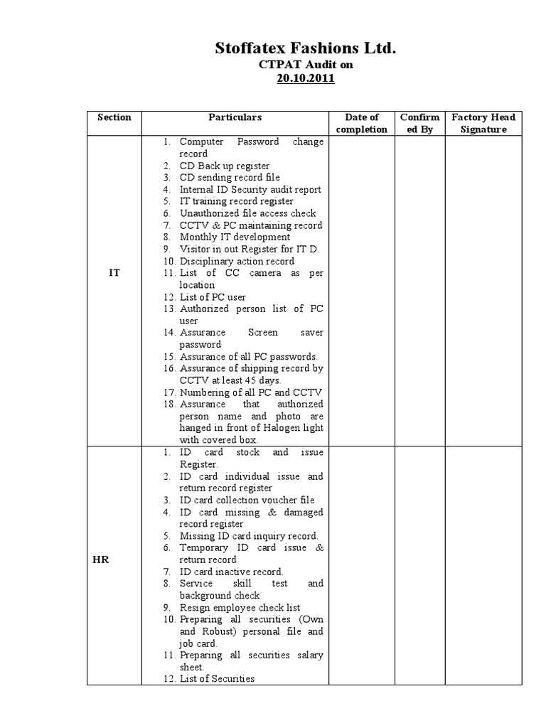 Ctpat Work Check List 11 | PDF | Identity Document | Security Guard