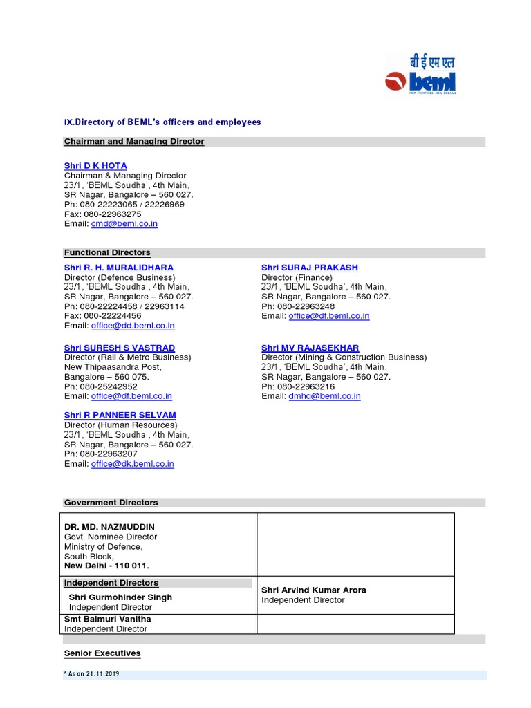 IX. Directory of BEML's Officers and Employees: Chairman and Managing ...