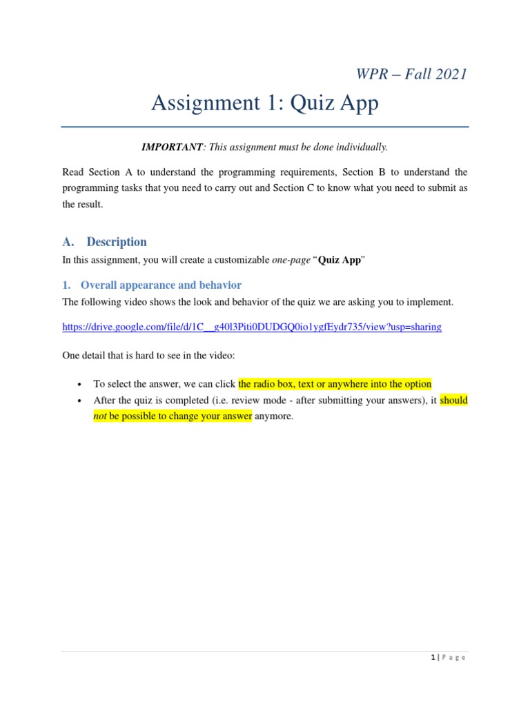 Assignment 1: Quiz App: WPR - Fall 2021 | PDF | Java Script | Html