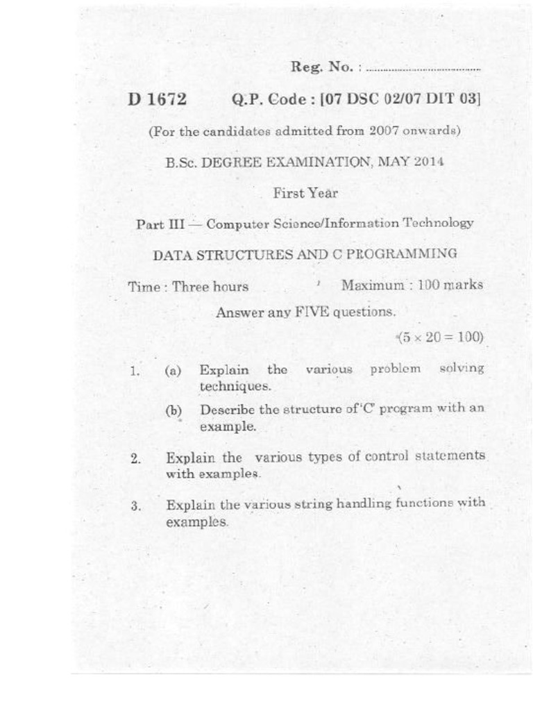 Bharathiar University BSC Computer Science Model Question Paper May ...