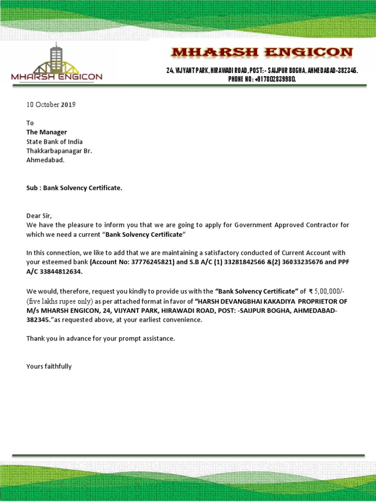 Bank Solvency Ceritificate Application | PDF